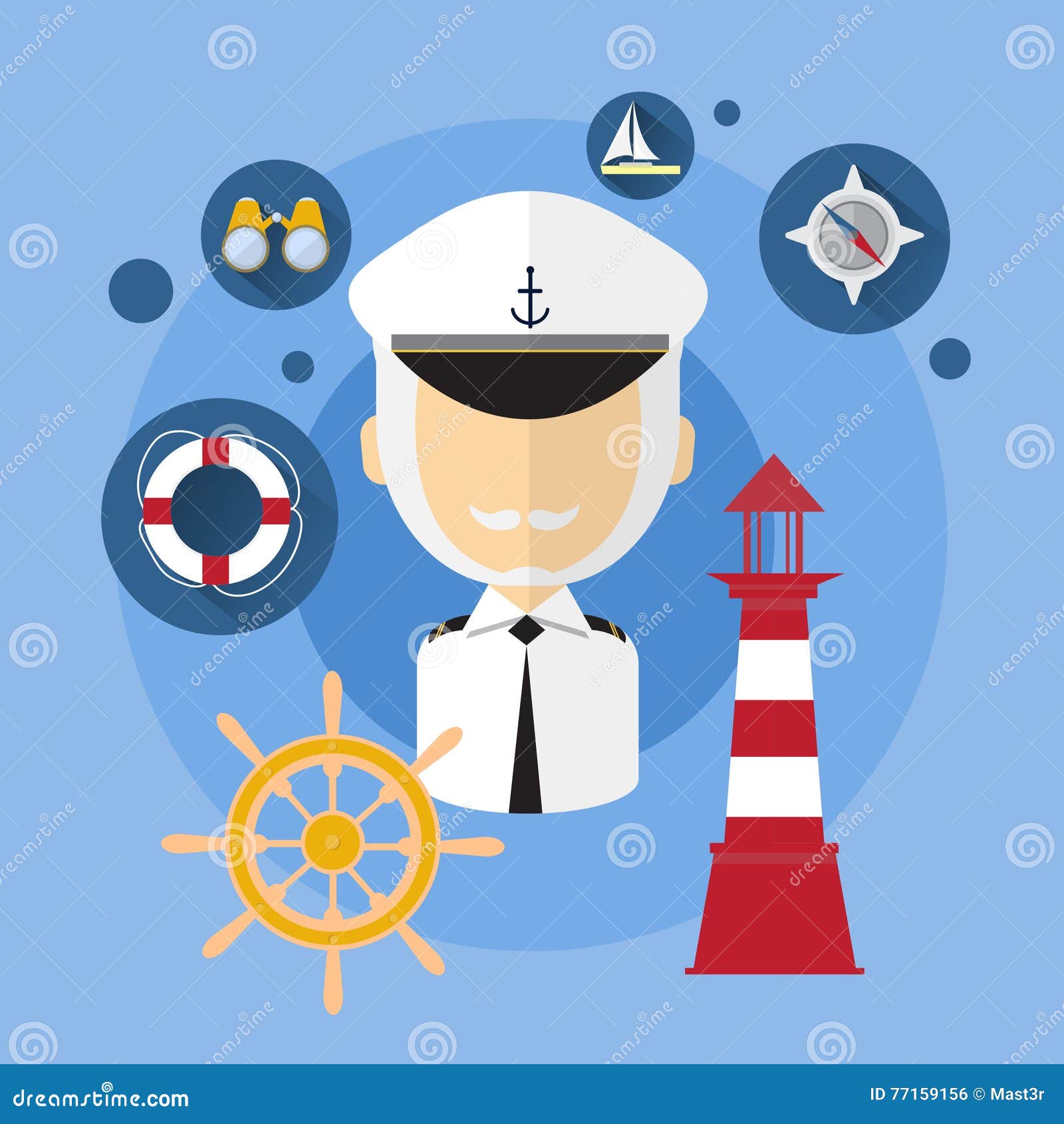 Ship Crew Male Characters In Uniform. Captain At Steering Wheel ...