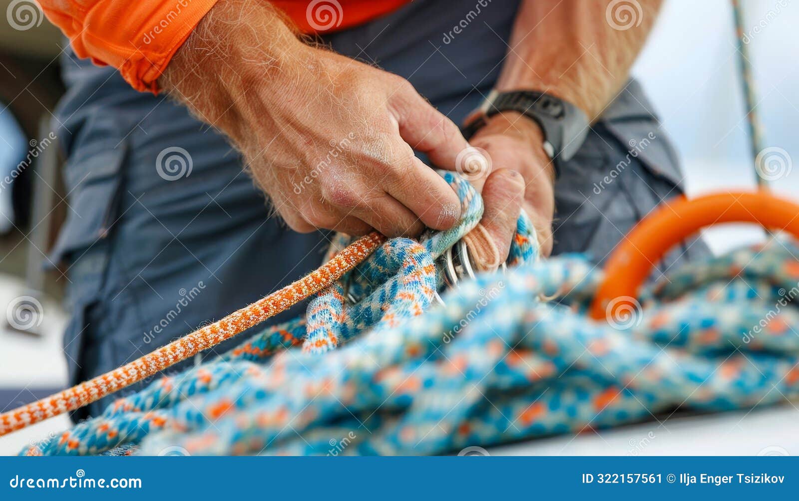 Sailor S Precise Hands Adjusting Sail Ropes, Symbolizing Skill in ...