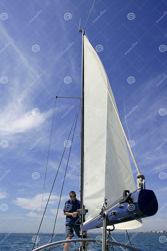Sailor in Sailboat Rigging the Sails Stock Photo - Image of nautical ...