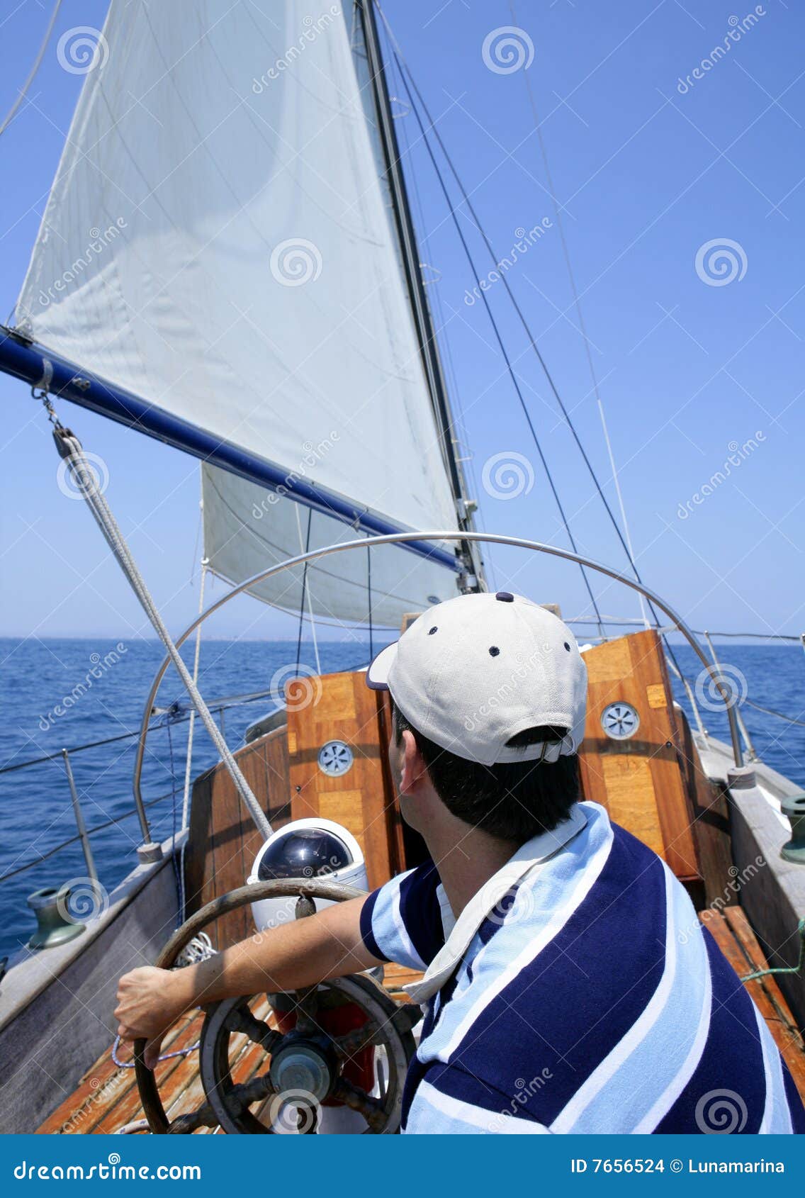 Sailor Sailing in the Sea. Sailboat Over Blue Stock Photo - Image of ...