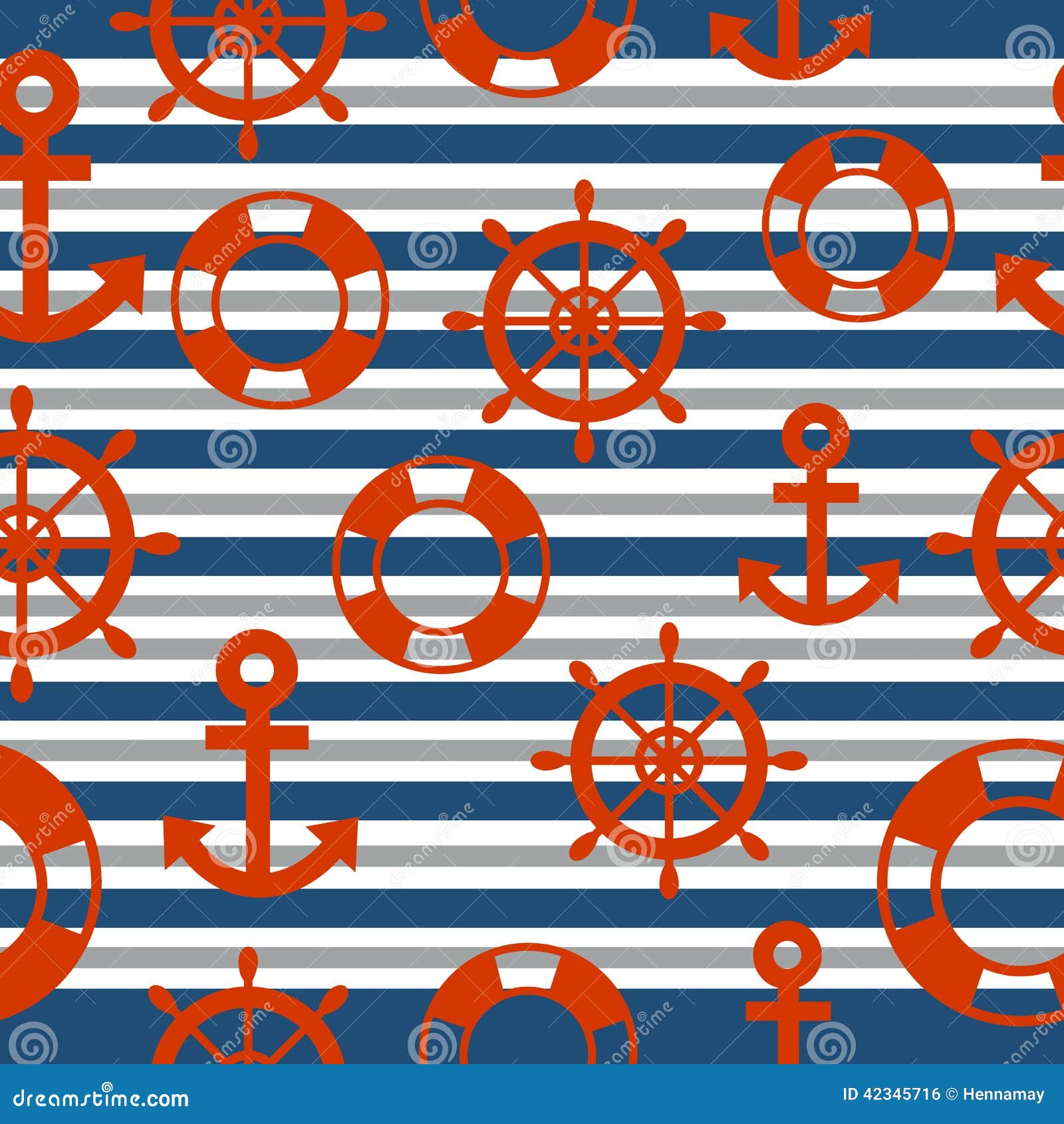 Sailor Seamless Pattern With Anchors, Lighthouse, Lifebuoy And Helm ...