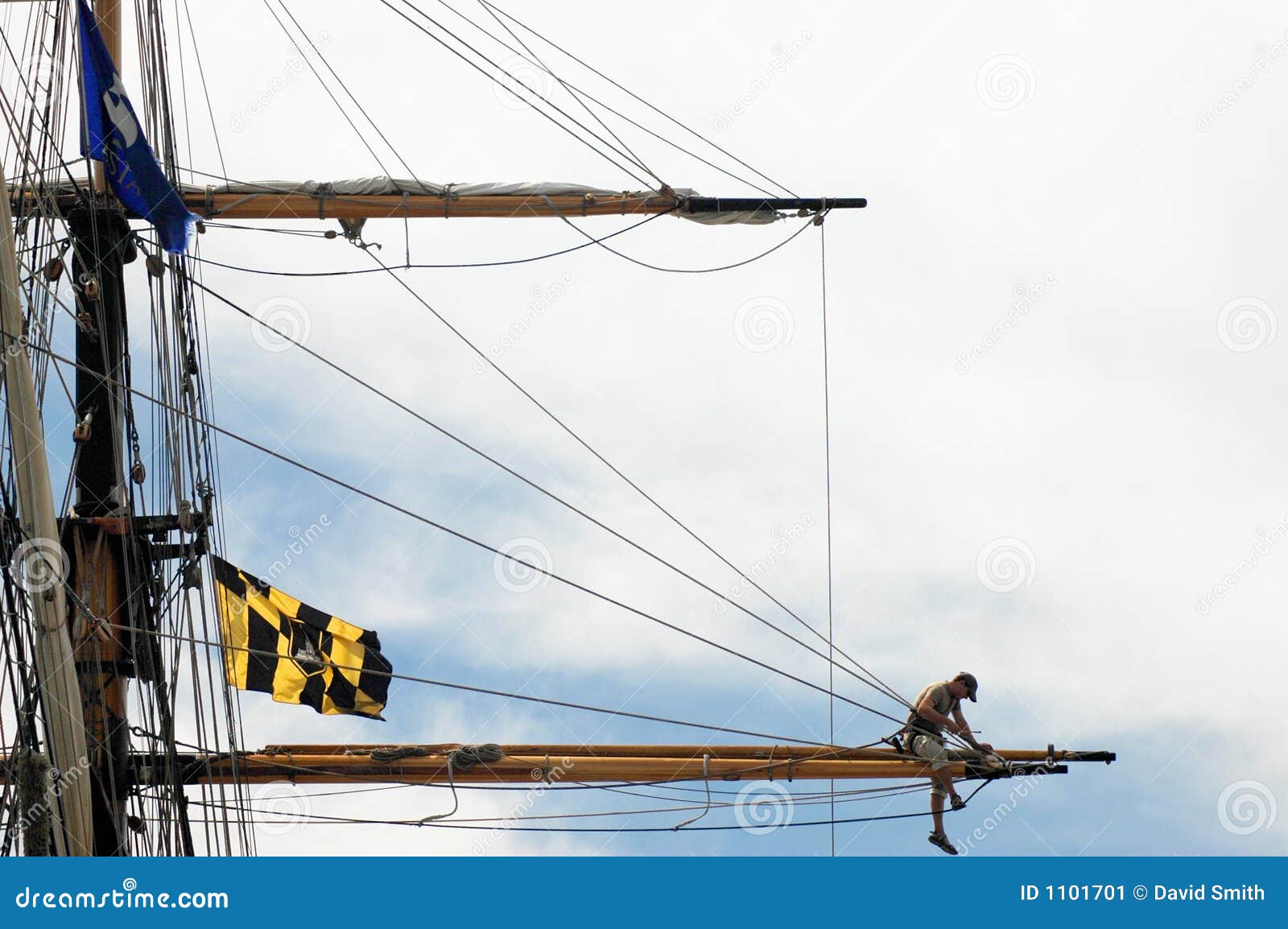 Sailor Working on Tall Ship S Mast Stock Image - Image of flag, blue ...
