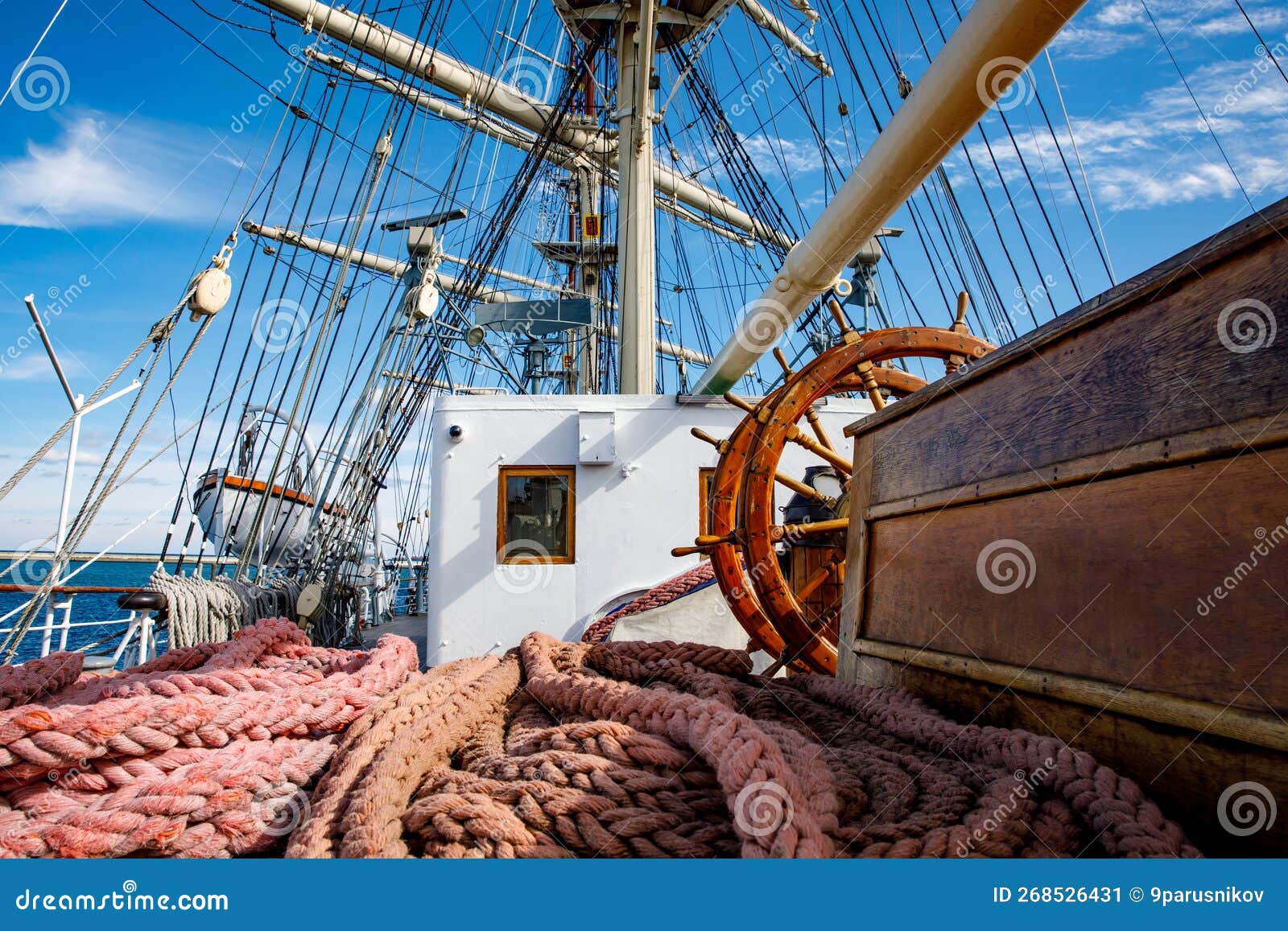 Sailship Deck with Helm, Rigging and Cables. Stock Image - Image of ...