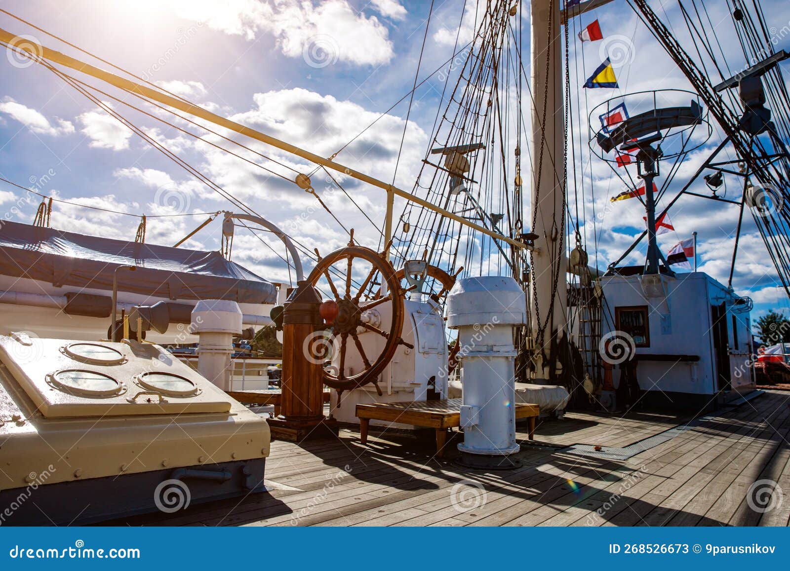 Sailship Deck with Helm, Rigging and Cables. Stock Image - Image of ...