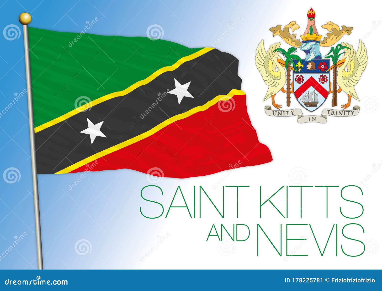 Saint Kitts And Nevis Islands Official National Flag And Coat Of Arms
