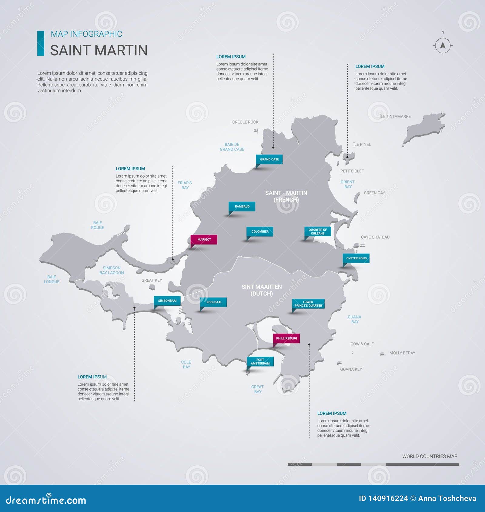 Saint Martin Vector Map with Infographic Elements, Pointer Marks Stock ...