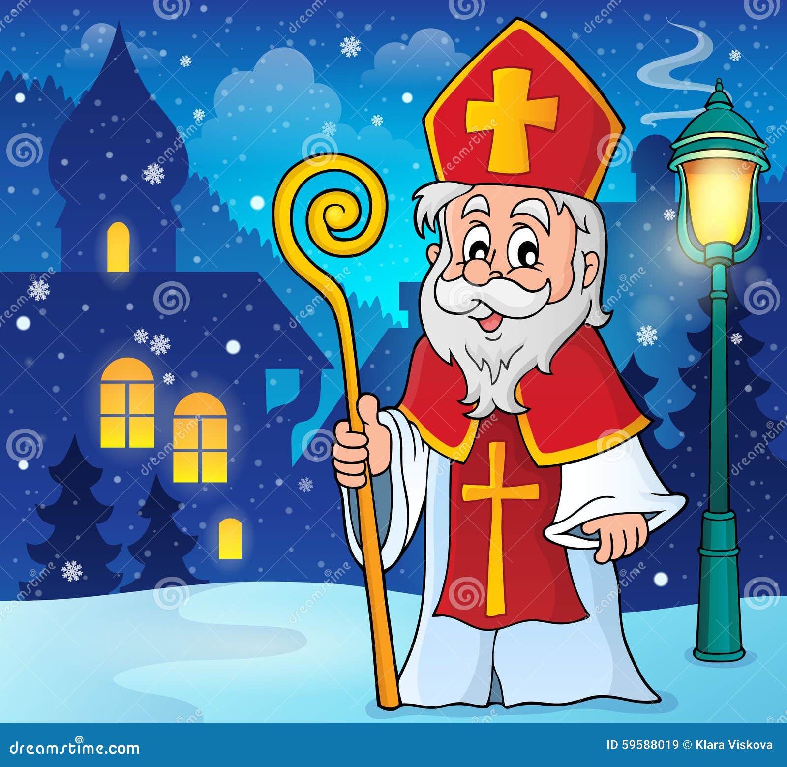 Saint Nicolas With Angel And Devil In Night Countryside With Stars And ...