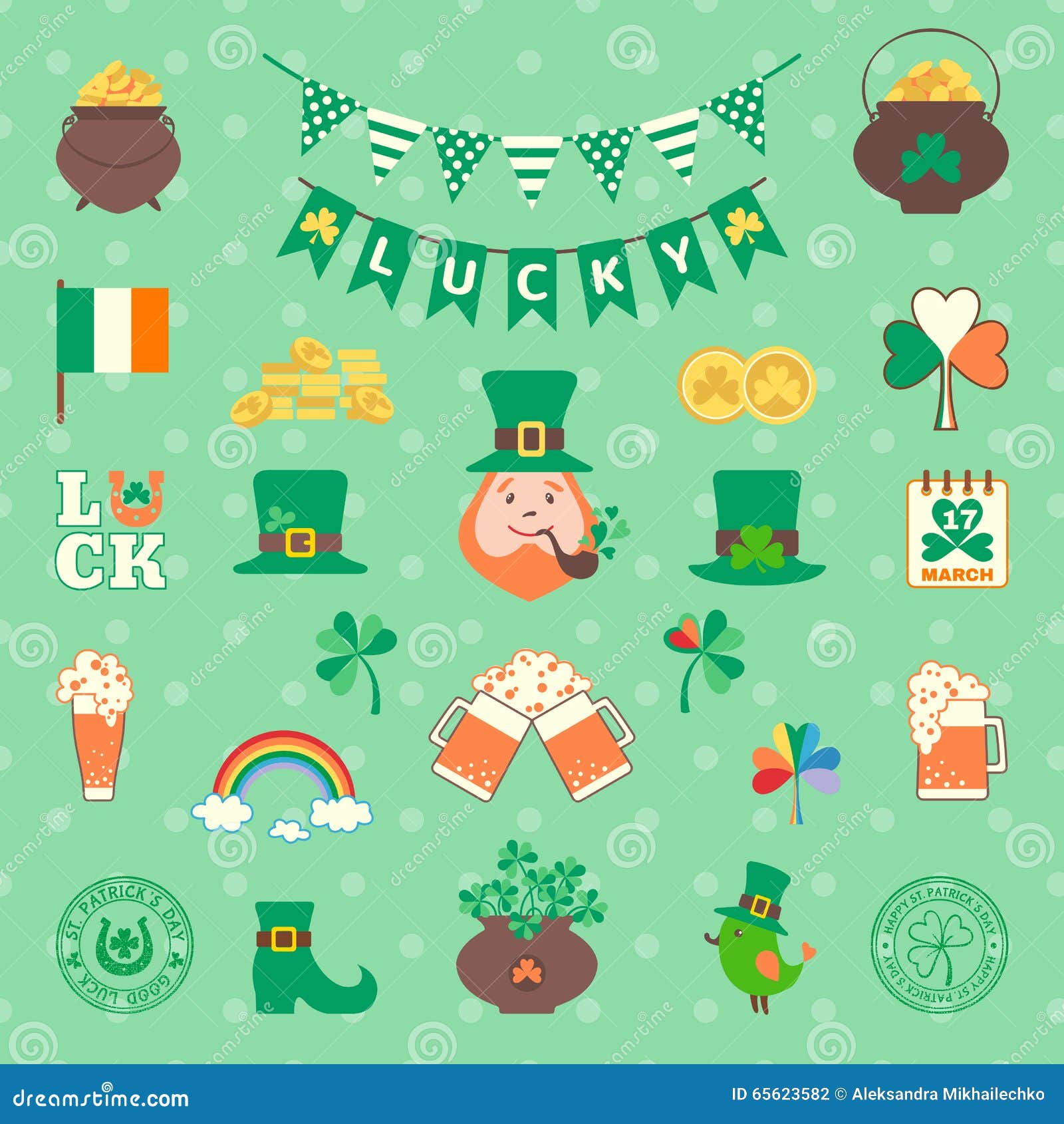 Saint Patrick S Day Icon Set in Flat Style Stock Vector - Illustration ...