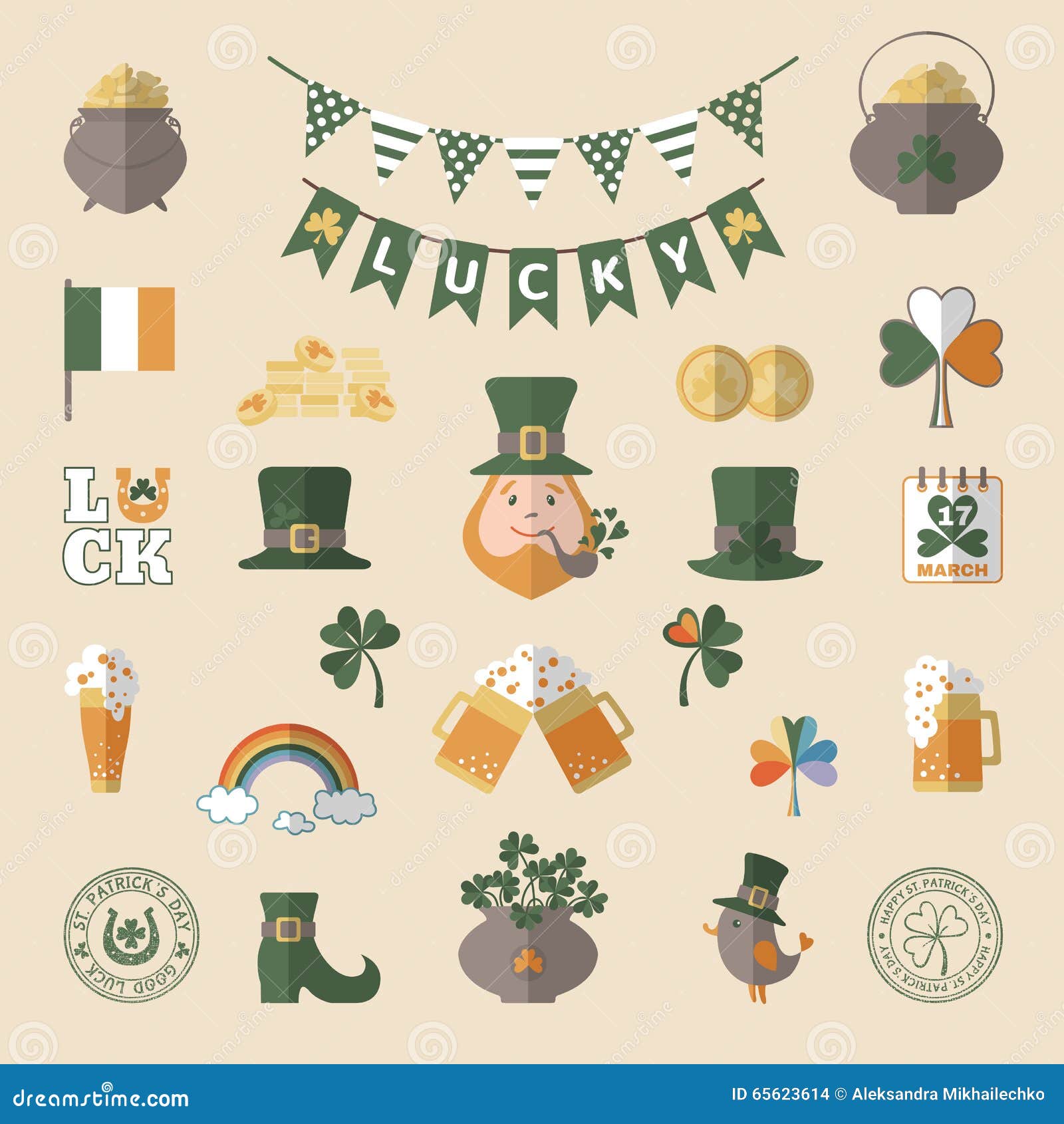 Saint Patrick S Day Icon Set in Flat Style Stock Vector - Illustration ...