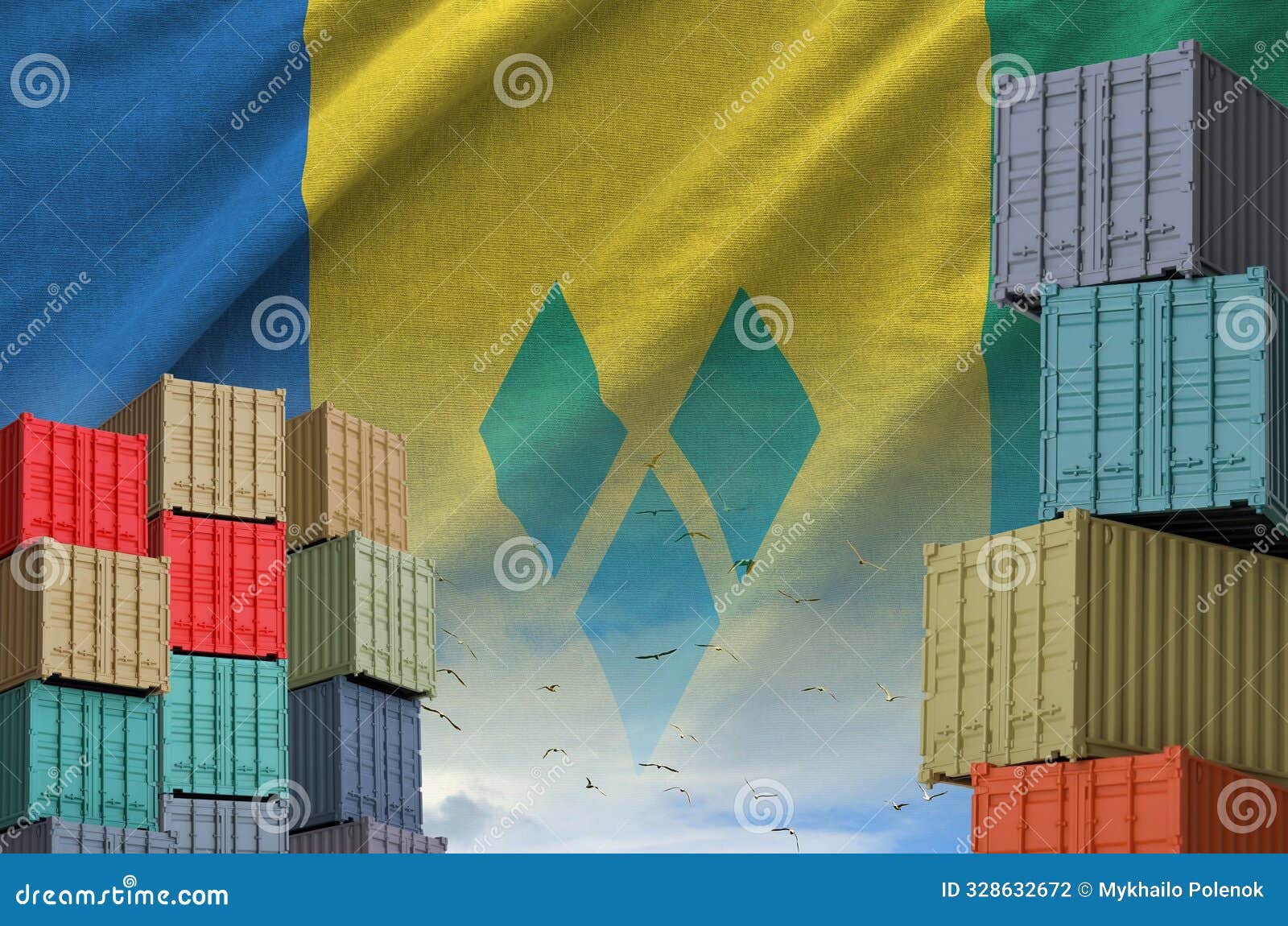 Saint Vincent and the Grenadines Flag and Big Stack of Shipping Cargo ...