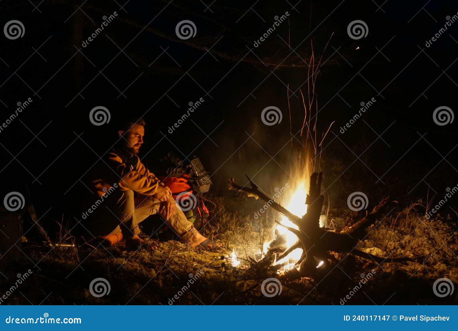 Sakhalin, Russia - October 17, 2020: Hiker Warming Himself by the Fire ...