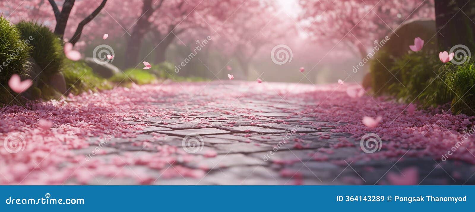 A Pathway With Sakura Trees And Flowers In Garden Of Ushiku Daibutsu ...
