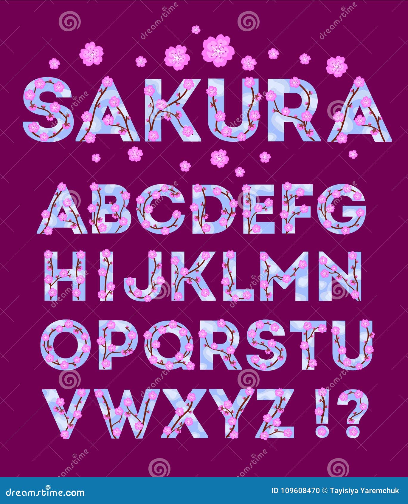 Sakura Font Isolated on Purple Background. Vector Illustration. Stock ...