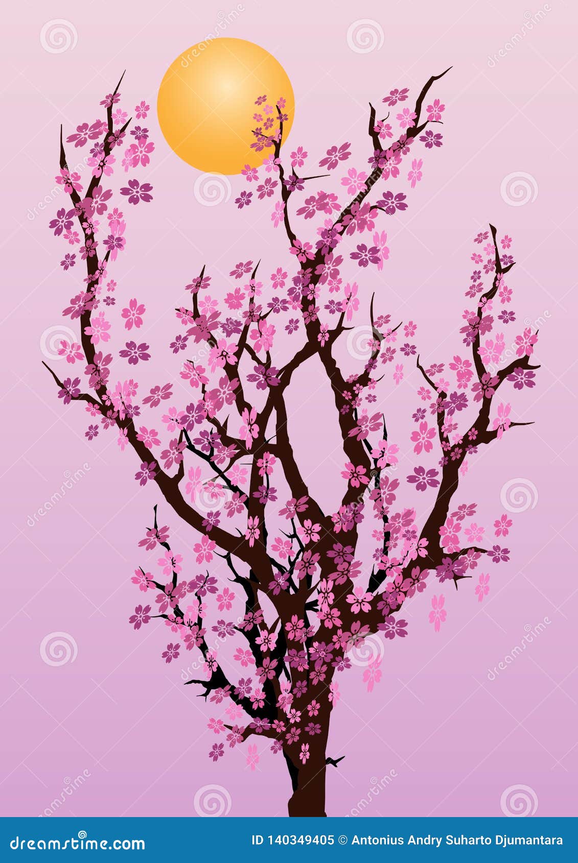 Sakura Tree and full moon stock vector. Illustration of caring - 140349405