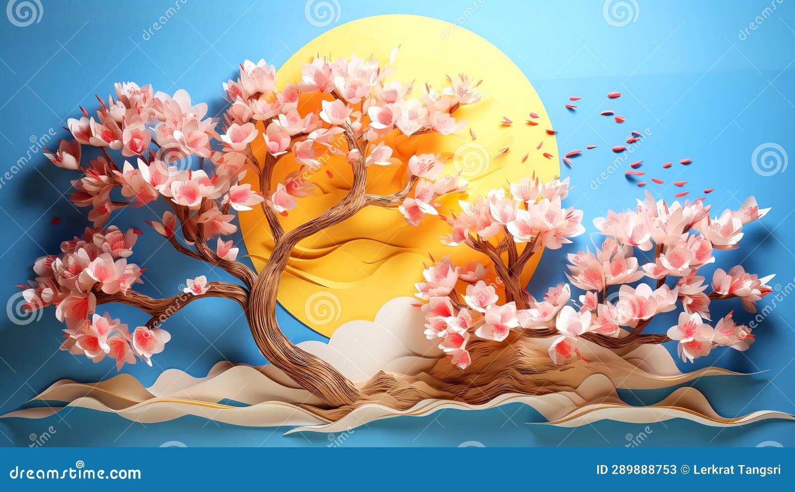 Sakura tree sky and sun stock illustration. Illustration of paper ...