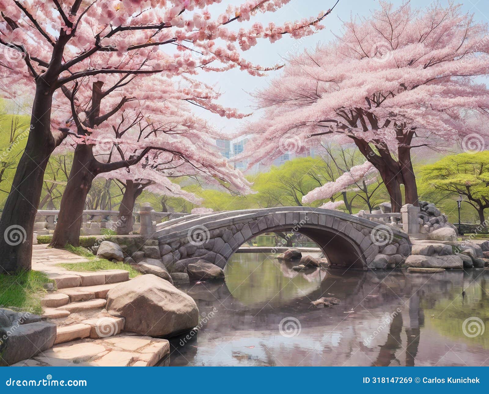 Sakura Trees and Stone Bridge in Spring Park - Generated by Ai Stock ...