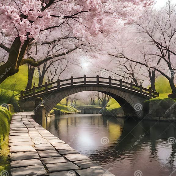 Sakura Trees and Stone Bridge in Spring Park --generated by Ai Stock ...