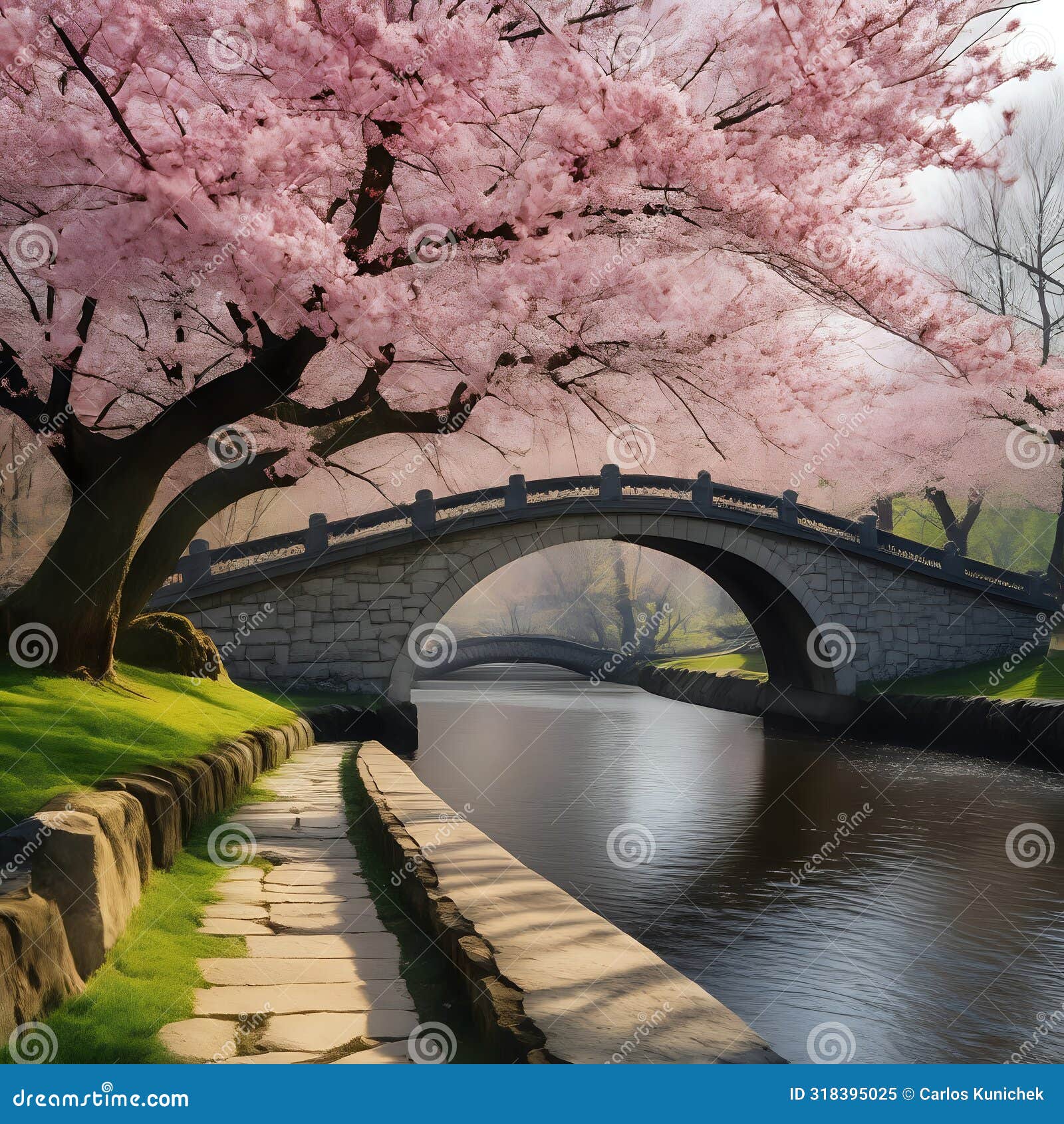 Sakura Trees and Stone Bridge in Spring Park --generated by Ai Stock ...