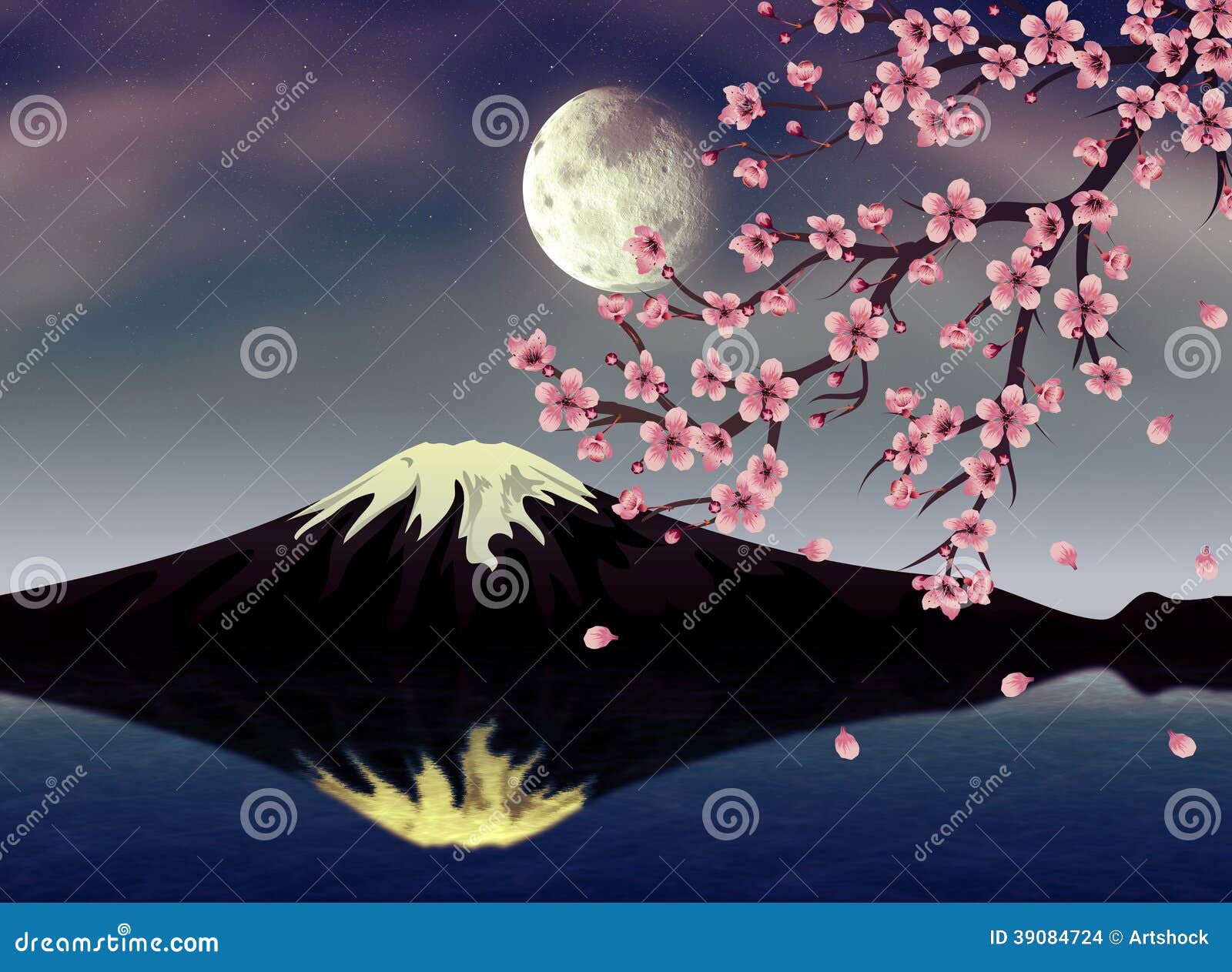Sakura under the Moon stock illustration. Illustration of light - 39084724