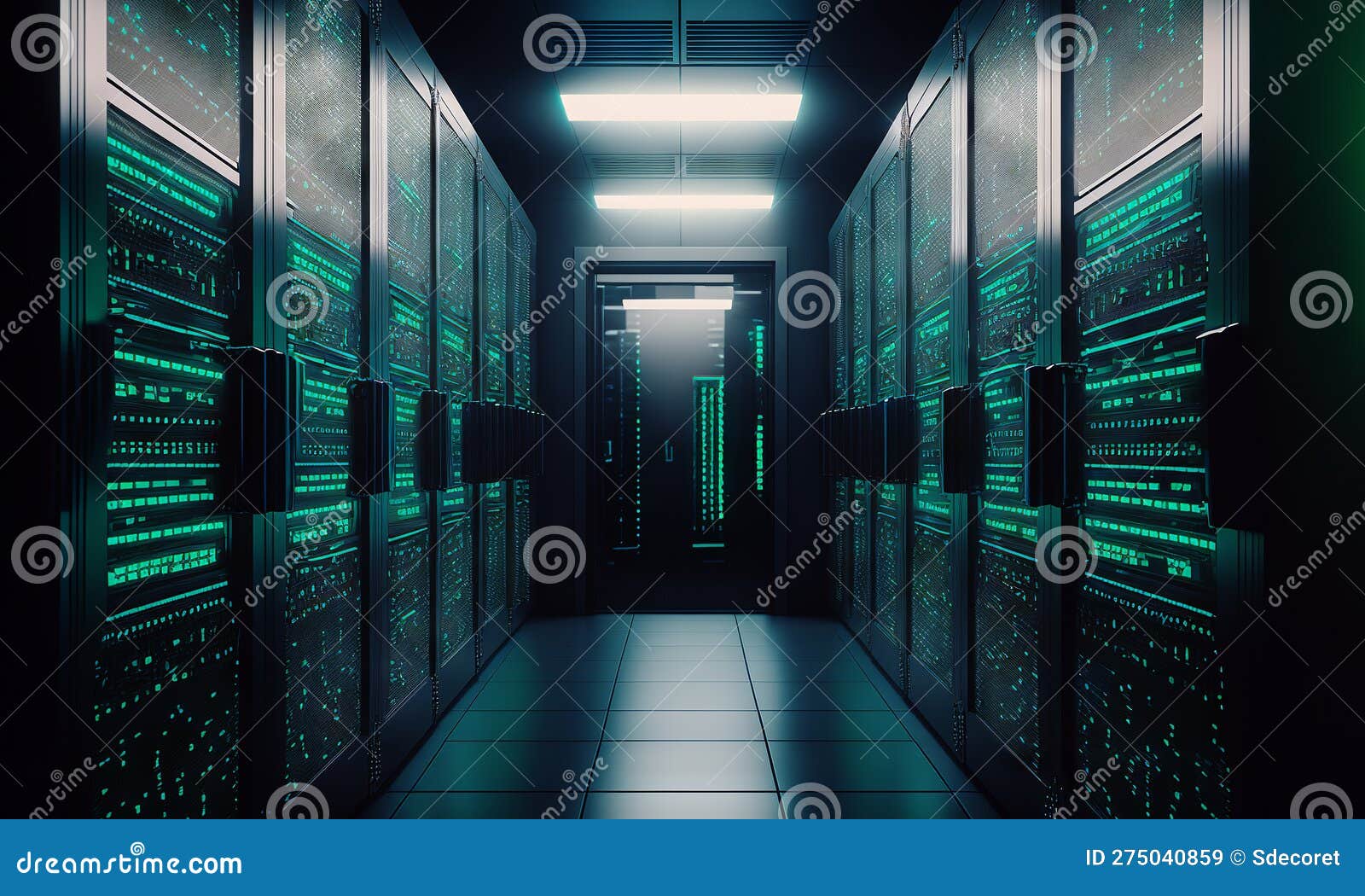 Sala Data Center Server Scuri Con Computer. Corridoio Interno Dei ...