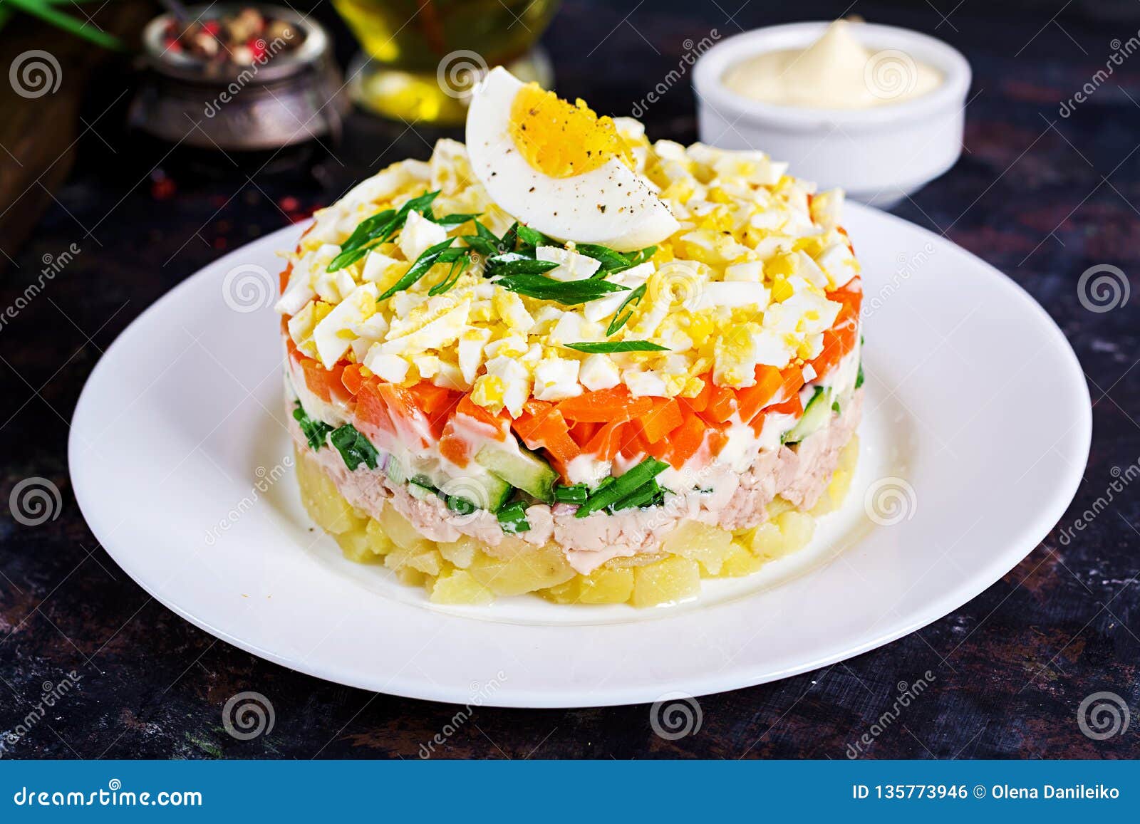 Salad of Cod Liver with Eggs, Cucumbers, Potatoes, Green Onion Stock ...
