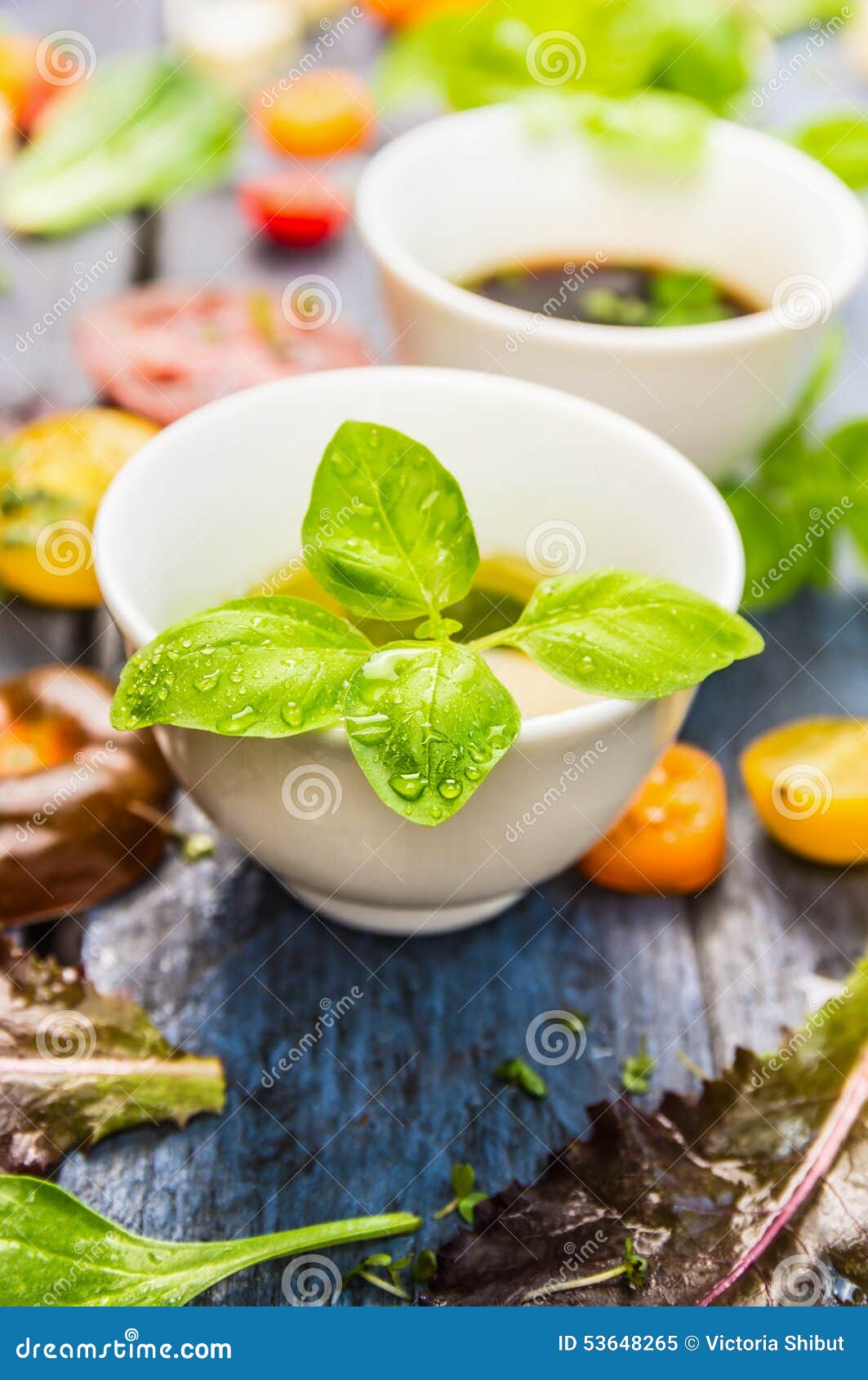 Salad Dressing and Oil with Basil Leaves Stock Image - Image of fresh ...