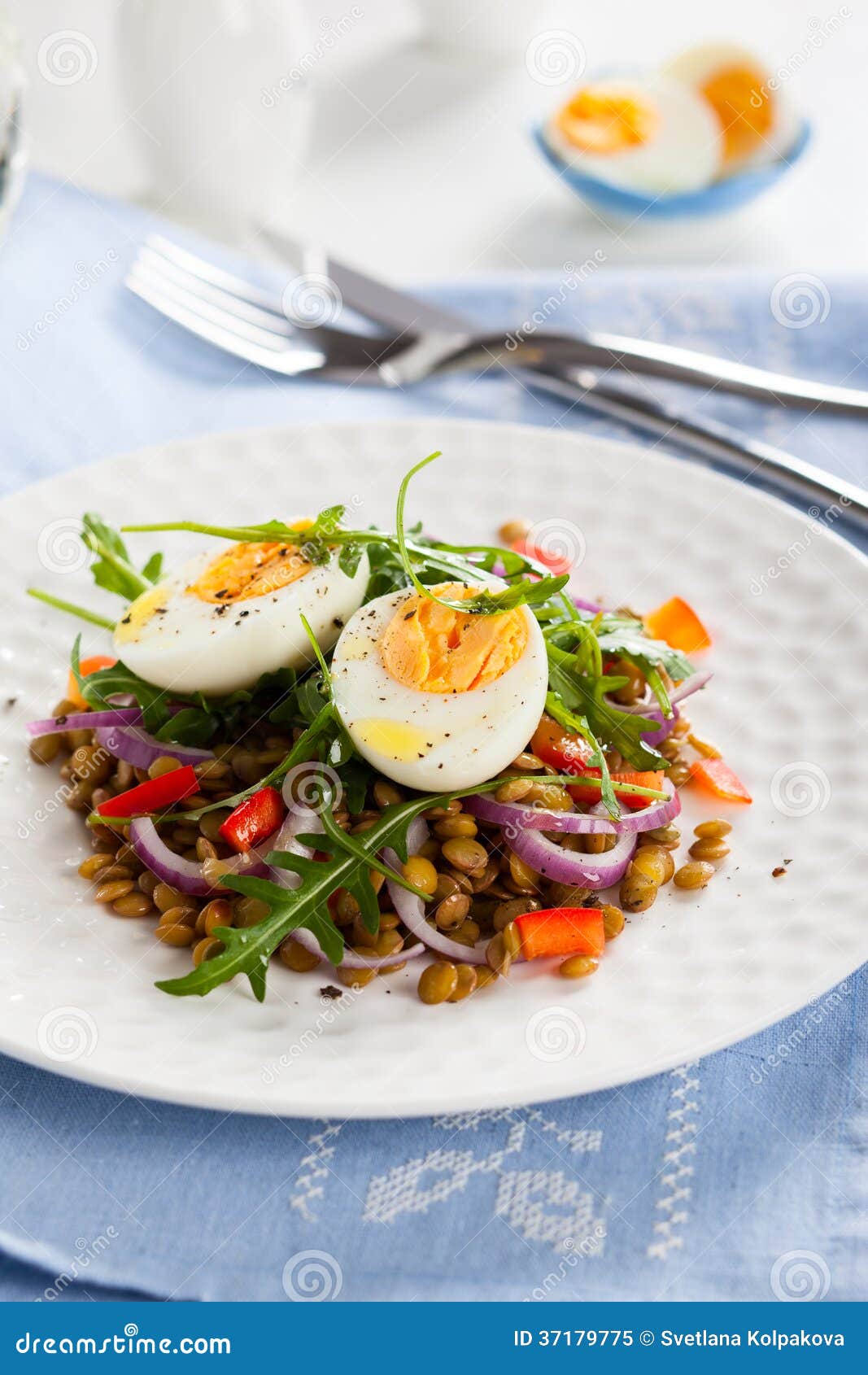 Salad with lentil and eggs stock image. Image of lentil - 37179775