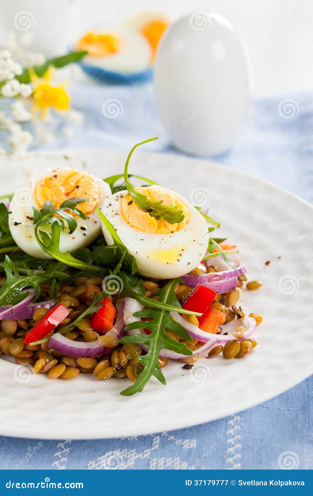 Salad with lentil and eggs stock image. Image of dinner - 37179777