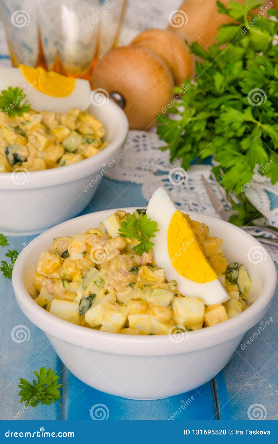 Salad with Liver of Cod, Eggs, Cucumbers and Corn Stock Photo - Image ...