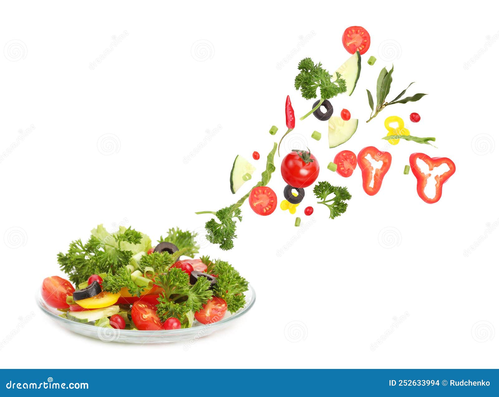 Salad on Plate and Fly Vegetable on White Stock Photo - Image of ...