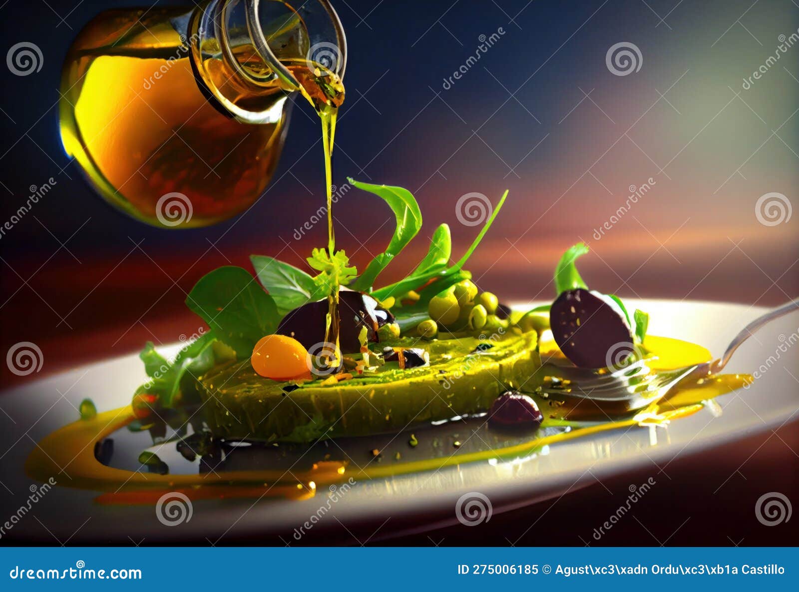A Salad Plate with Olive Oil Being Poured into it. Stock Illustration ...
