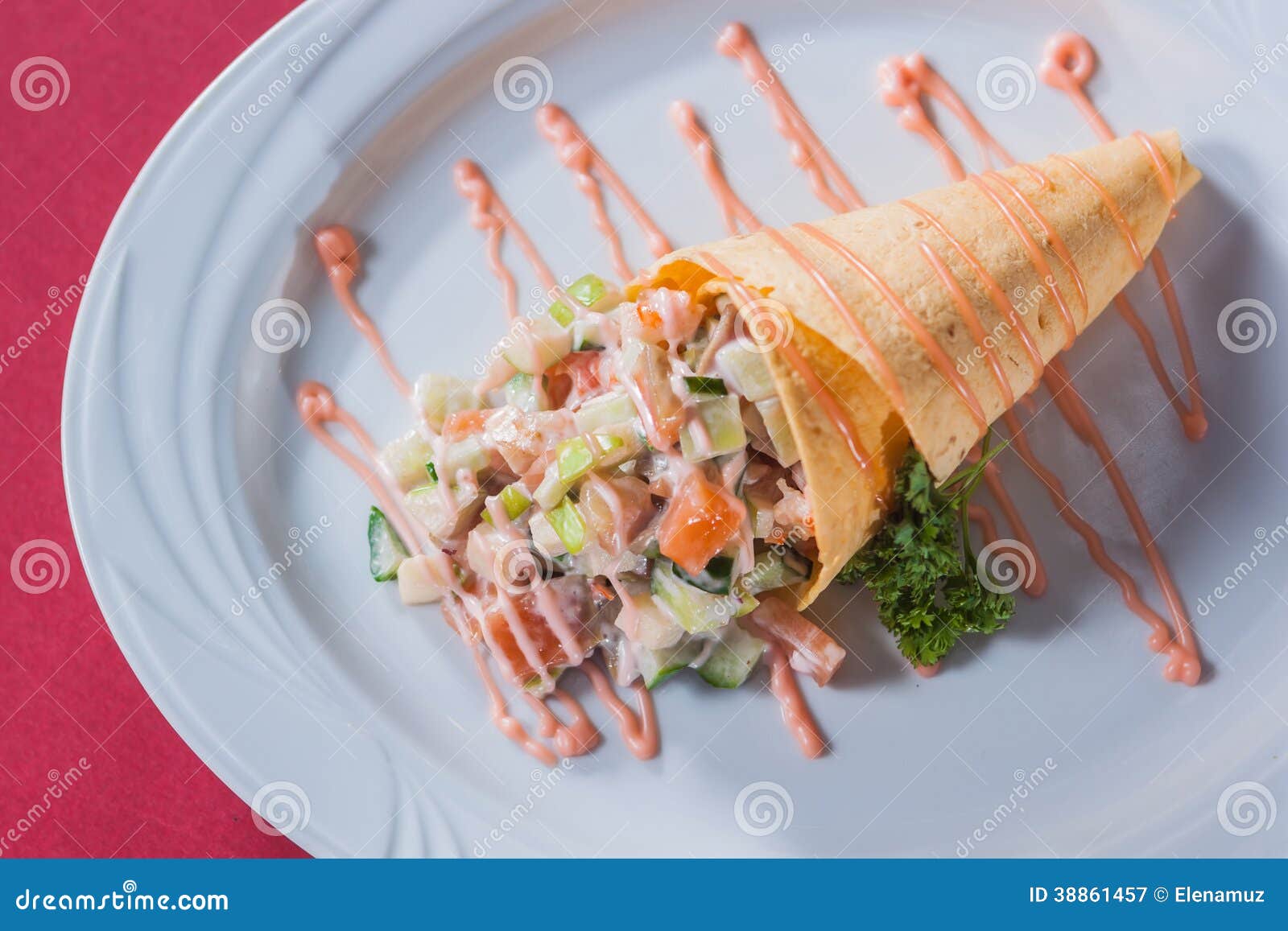 Salad in a Waffle Cone Sauce on a Round Plate Stock Image - Image of ...