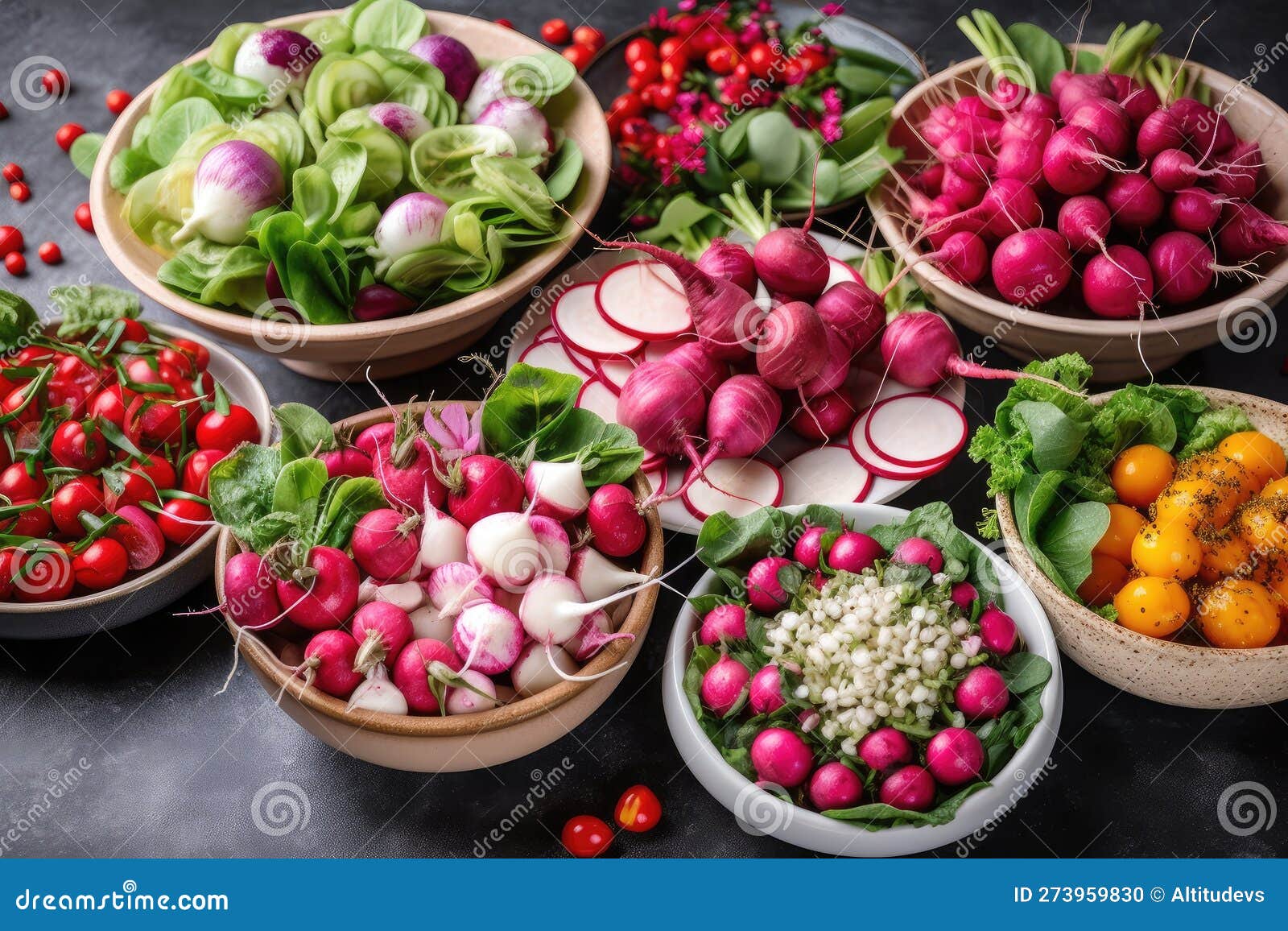 Salads with Different Types of Radishes, in Different Colors and Shapes ...