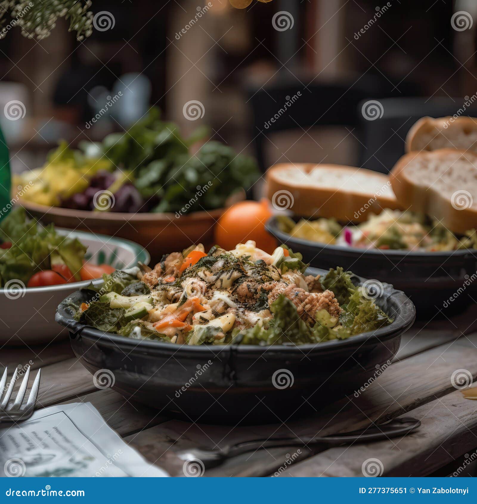 Salads on Stone in Rustic Pub. Generative AI Stock Illustration ...