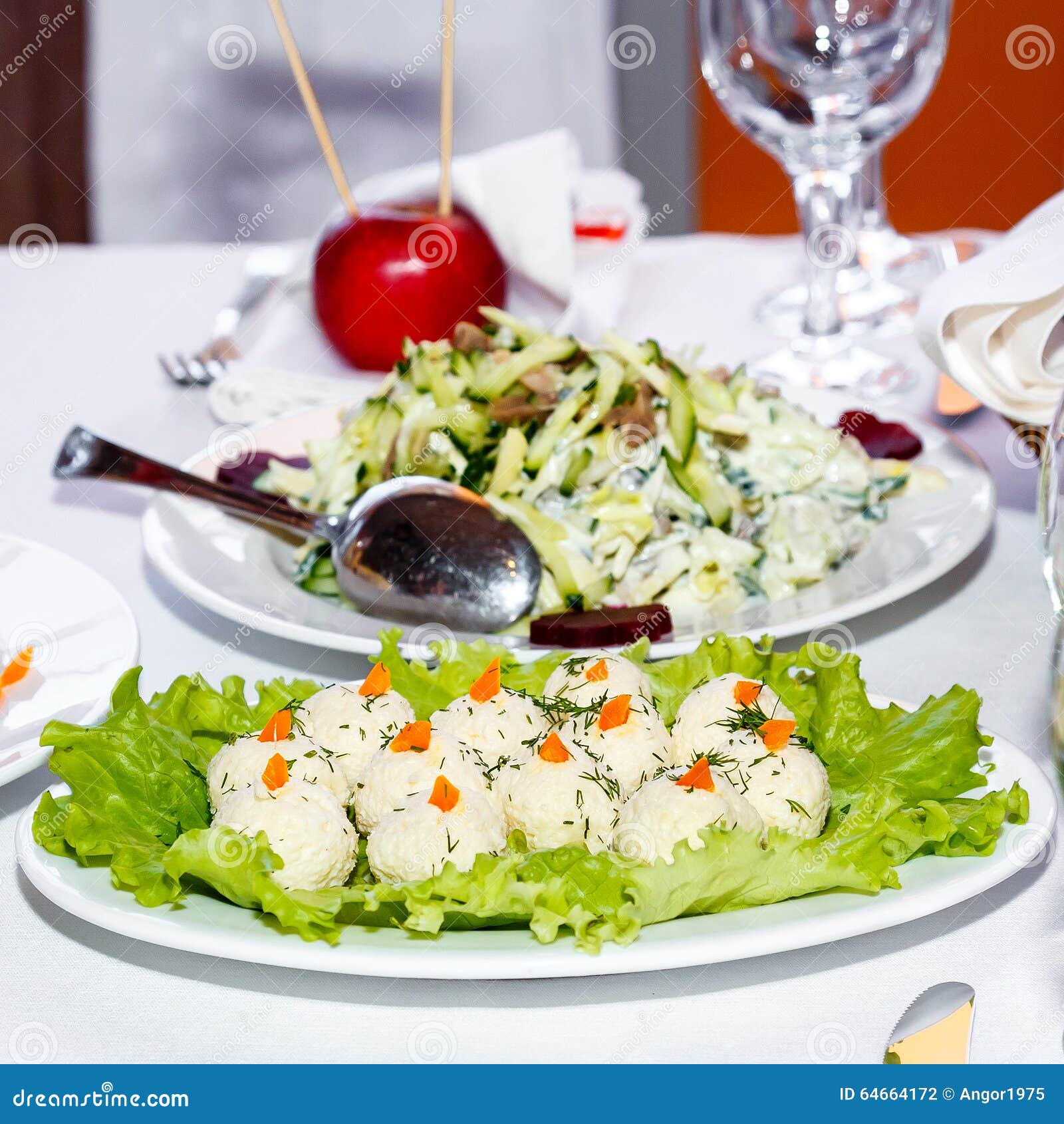Salads on White Banquet Table Stock Photo - Image of gourmet, service ...