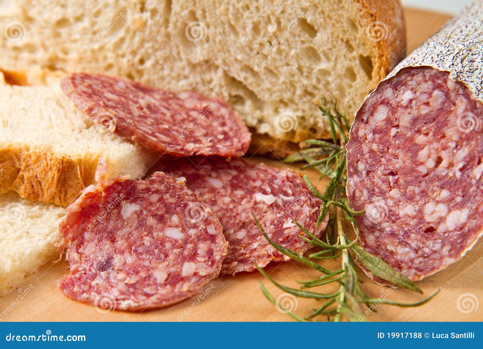 Salami with bread stock photo. Image of bread, table - 19917188