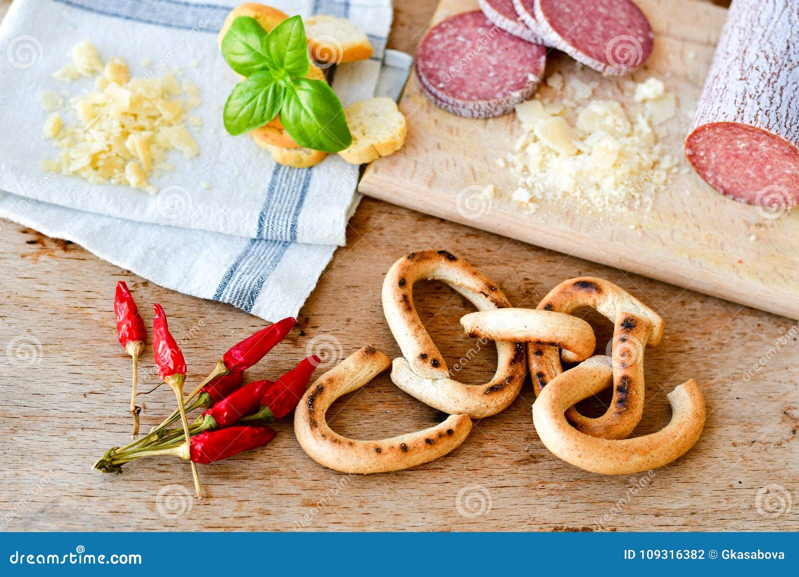 Salami and bread stock photo. Image of closeup, chili - 109316382