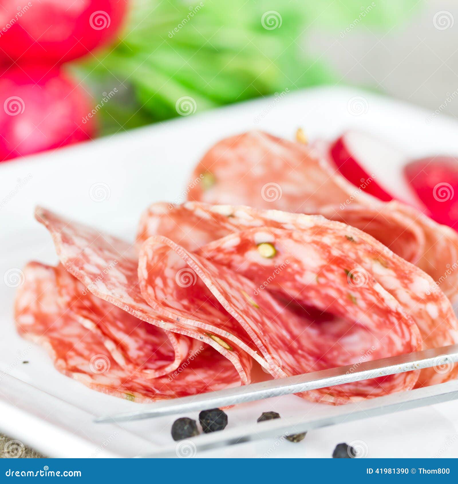 Salami on plate stock photo. Image of deli, platter, salami - 41981390