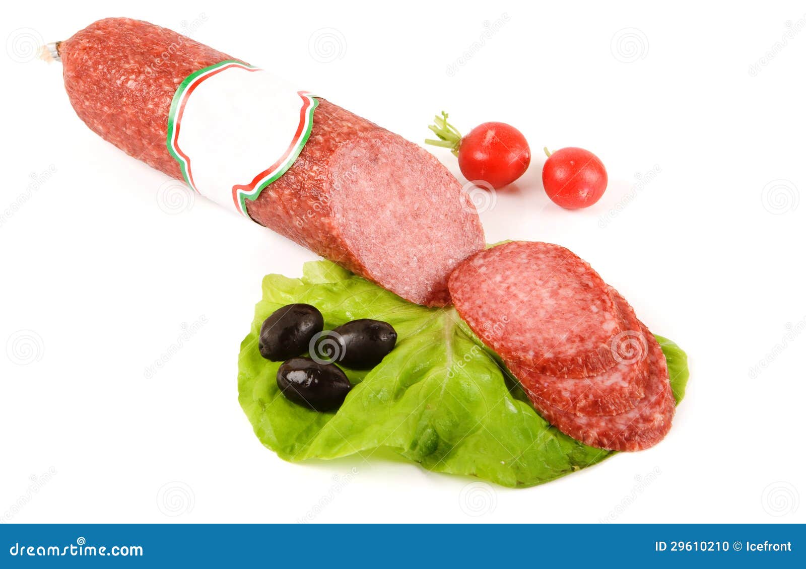 Salami Stick with Blank Label and Slices Around Stock Photo - Image of ...