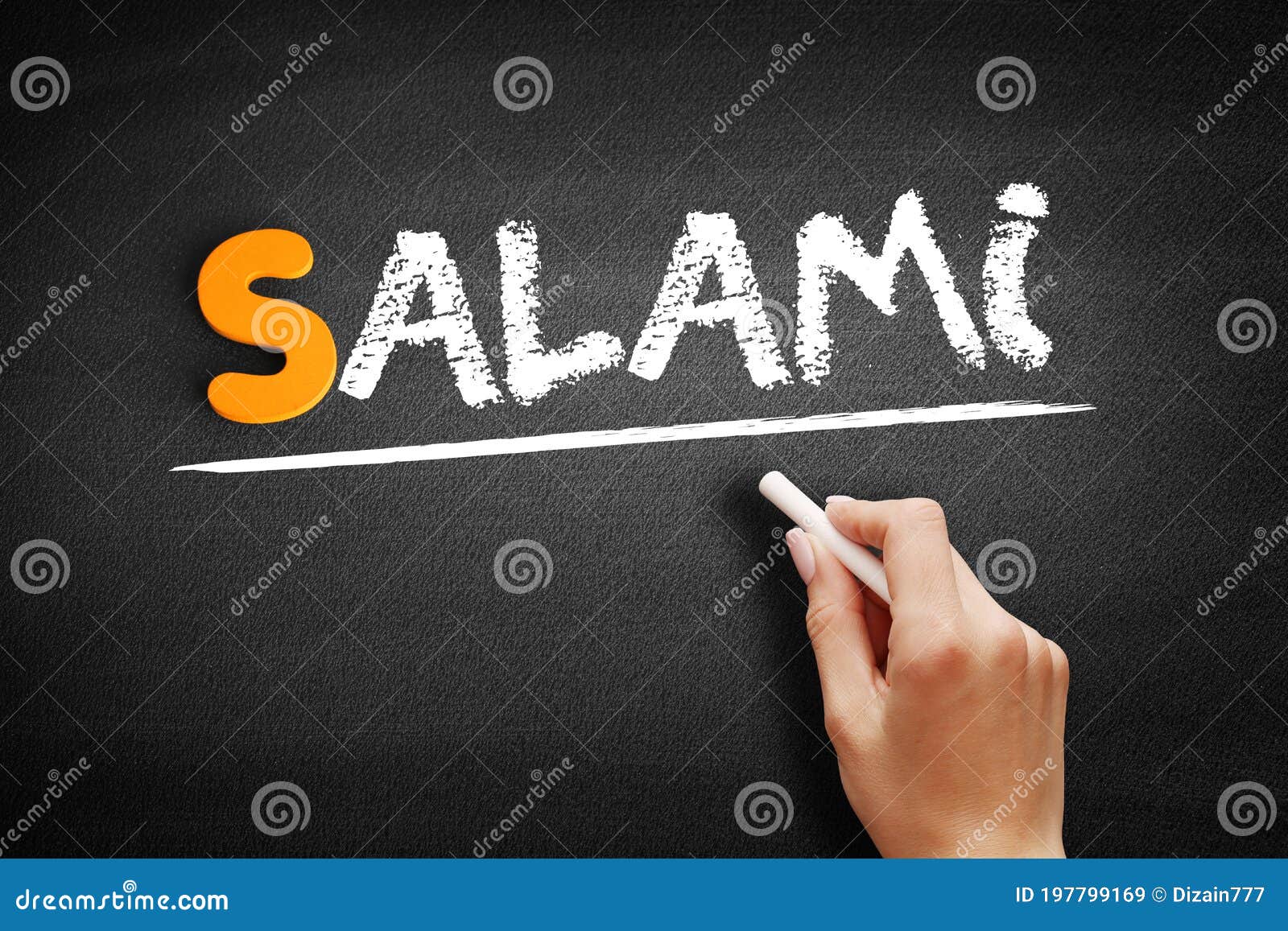 Salami text on blackboard stock image. Image of meal - 197799169