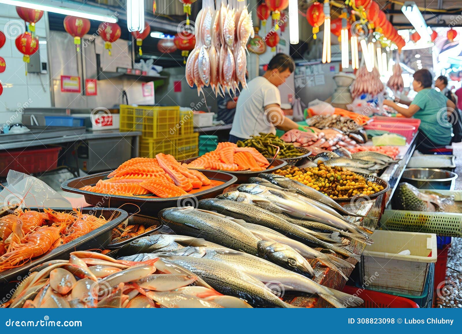 Sale of Fresh Fish at the Market Stock Illustration - Illustration of ...