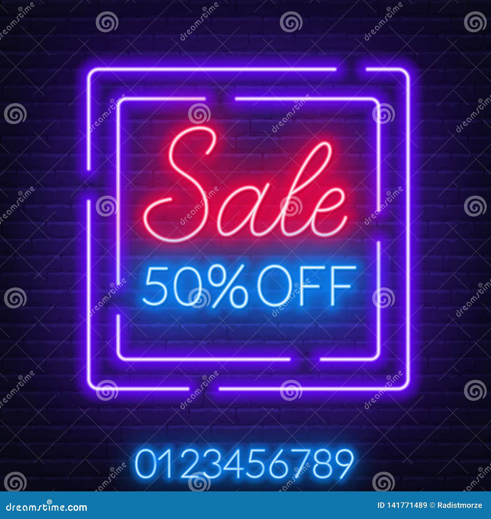 Sale Neon Sign in a Square Frame . Offer a Discount. Template. Stock ...