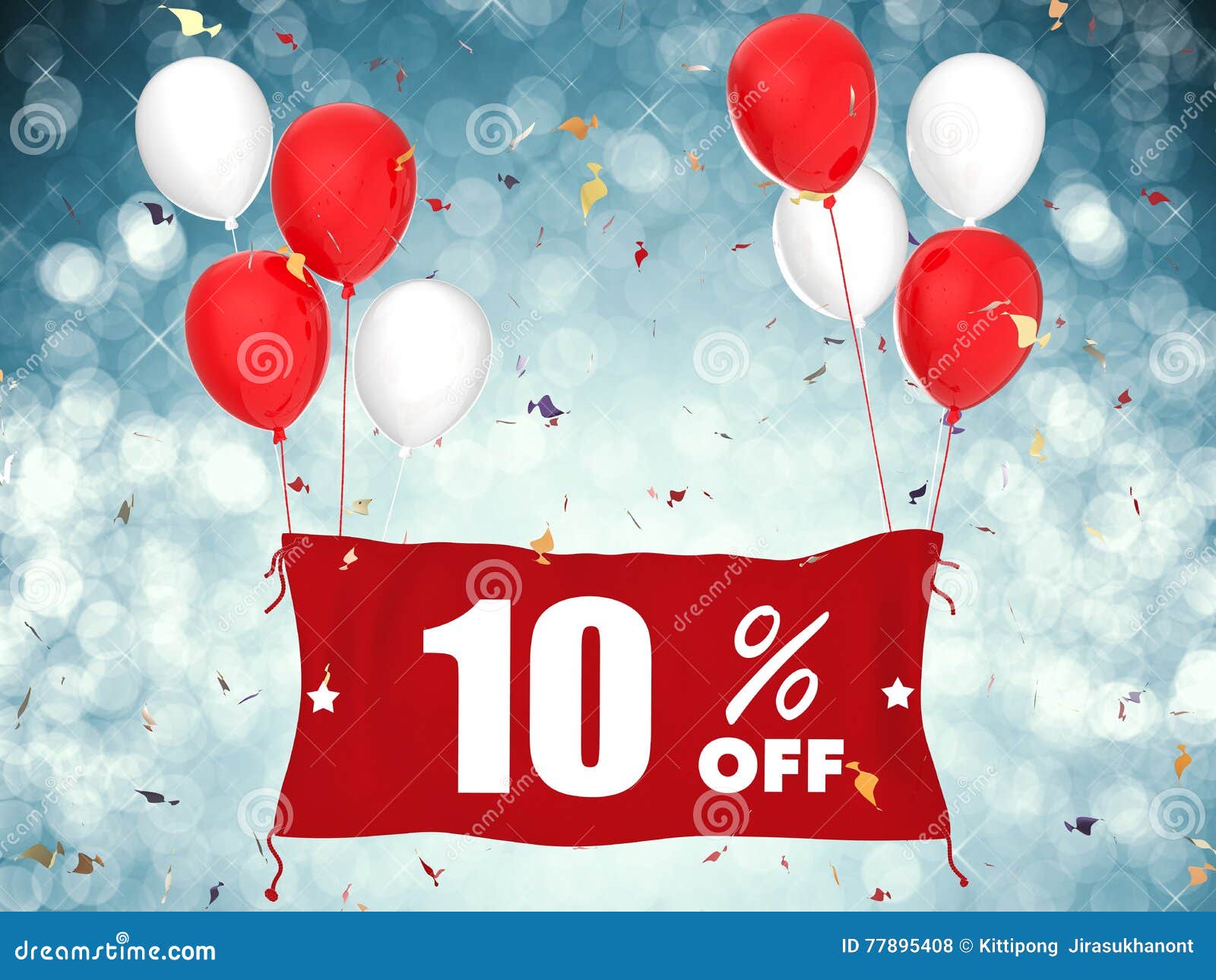 10 Sale Off Banner on Blue Background Stock Photo - Image of confetti ...