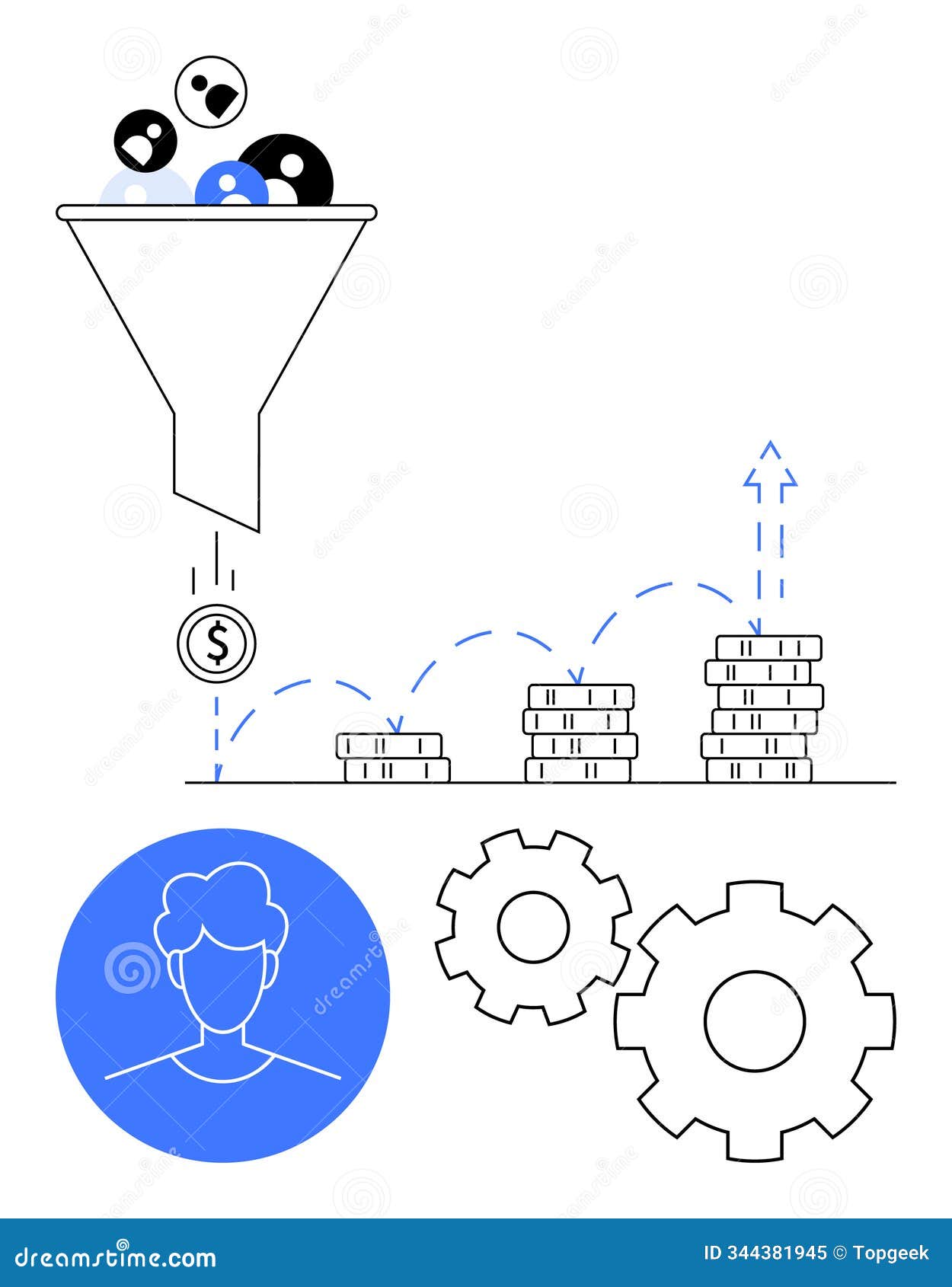 Sales Funnel with Coins Stacks Growth, User Profile, and Cogwheels ...