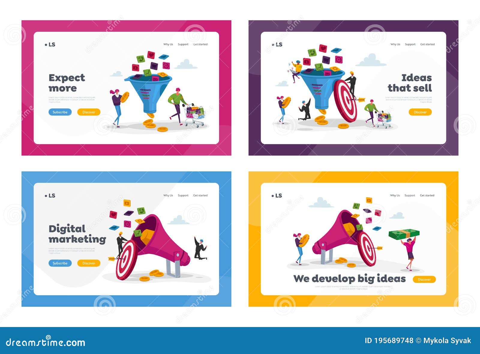 Sales Funnel Marketing Landing Page Template Set. Characters with Huge ...