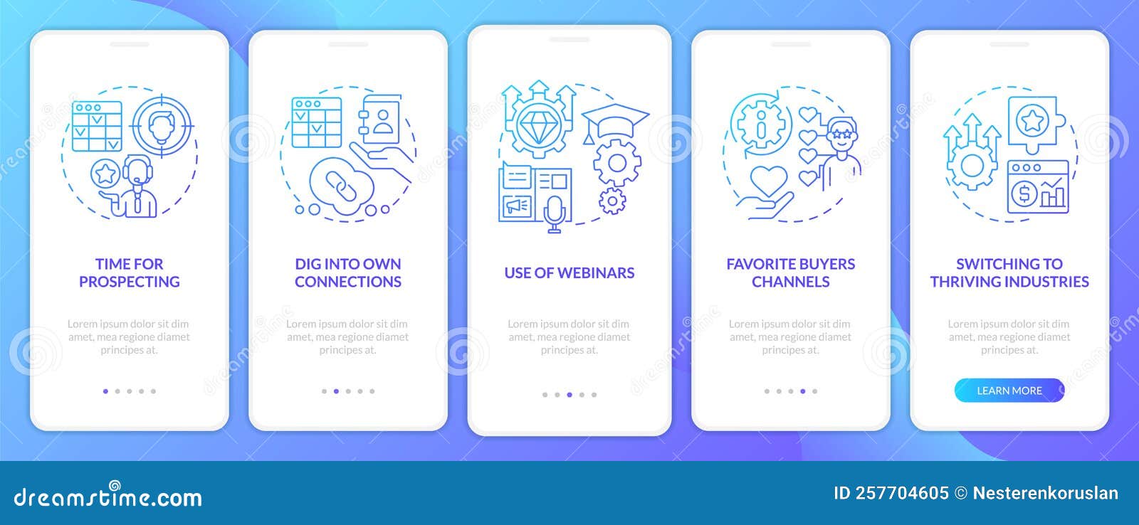 Sales Prospecting Techniques Blue Gradient Onboarding Mobile App Screen