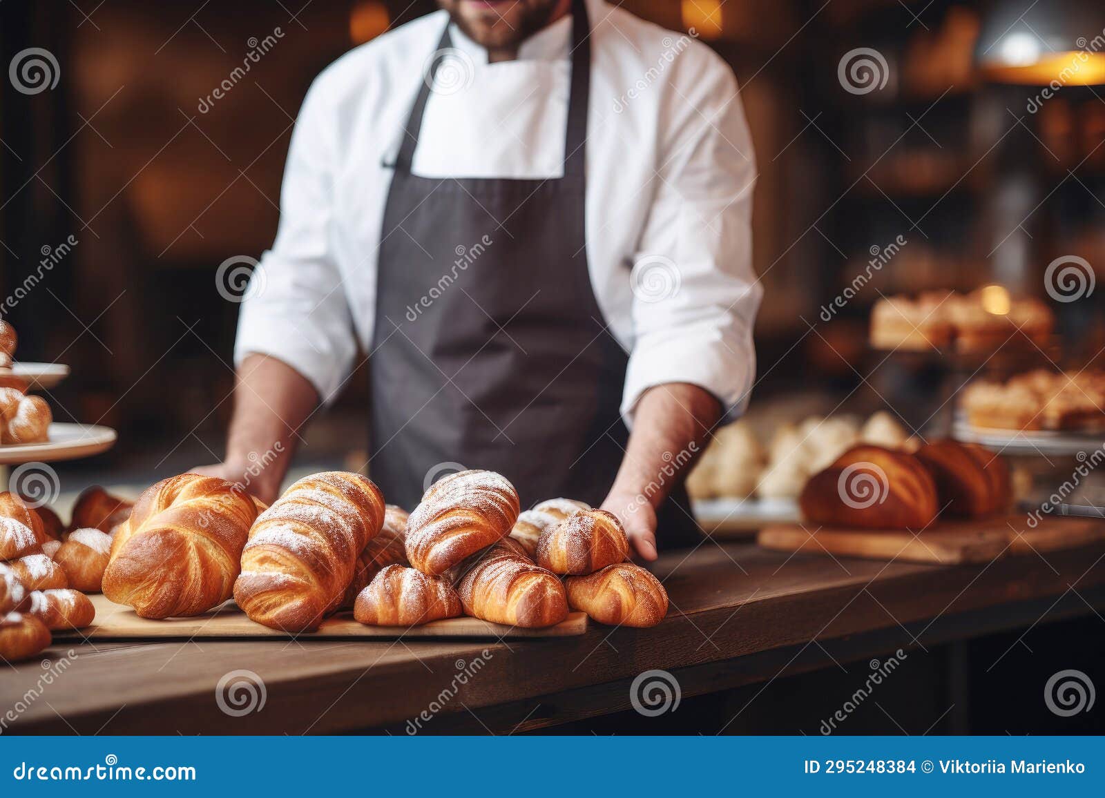Salesman in Bakery Behind Counter with Bakery Products Stock ...