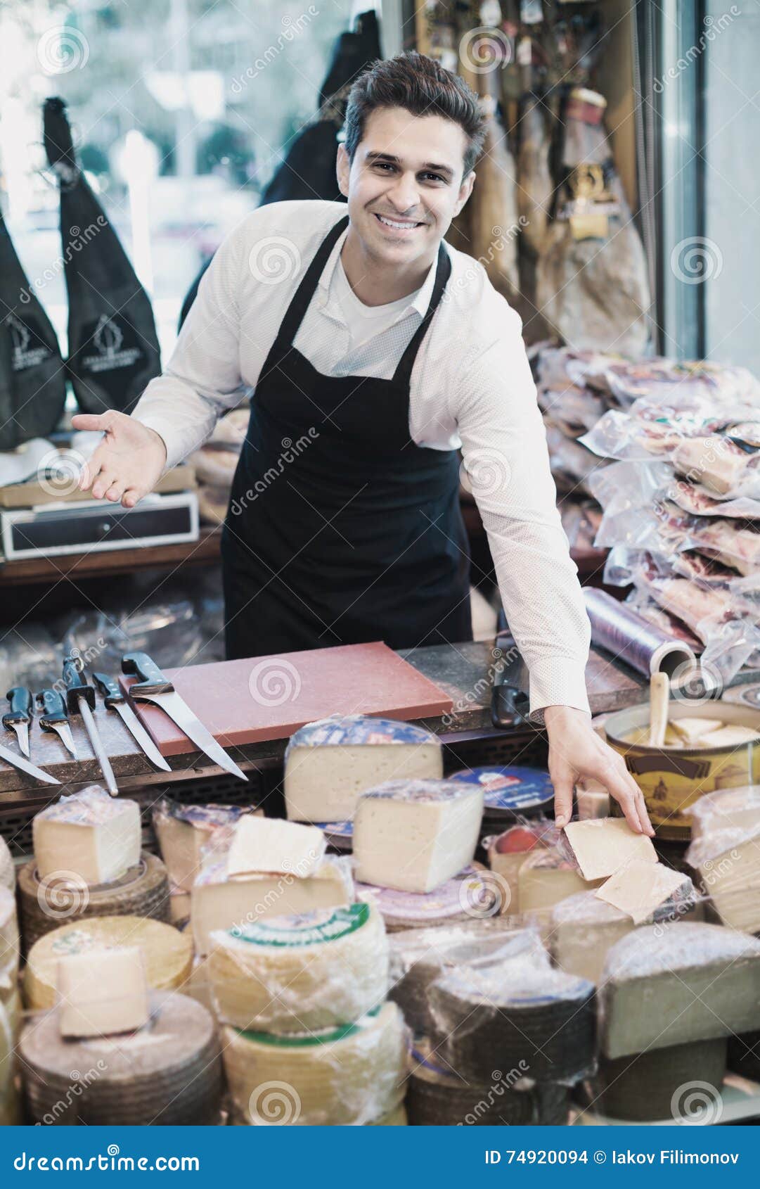 Salesman with Cheese in Gastronomy Stock Photo - Image of product, farm ...