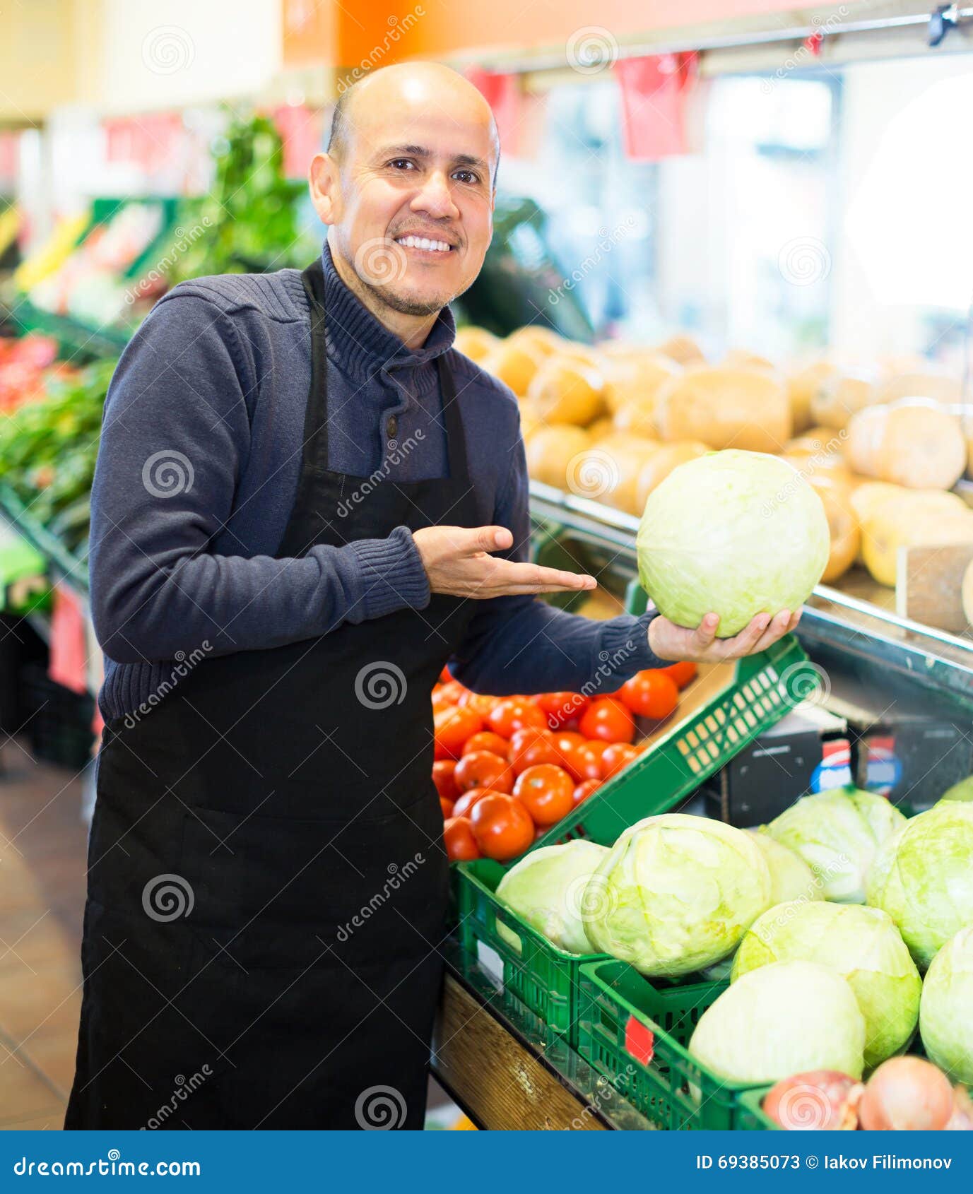 Salesman Posing Near Different Vegetables Stock Image - Image of apron ...