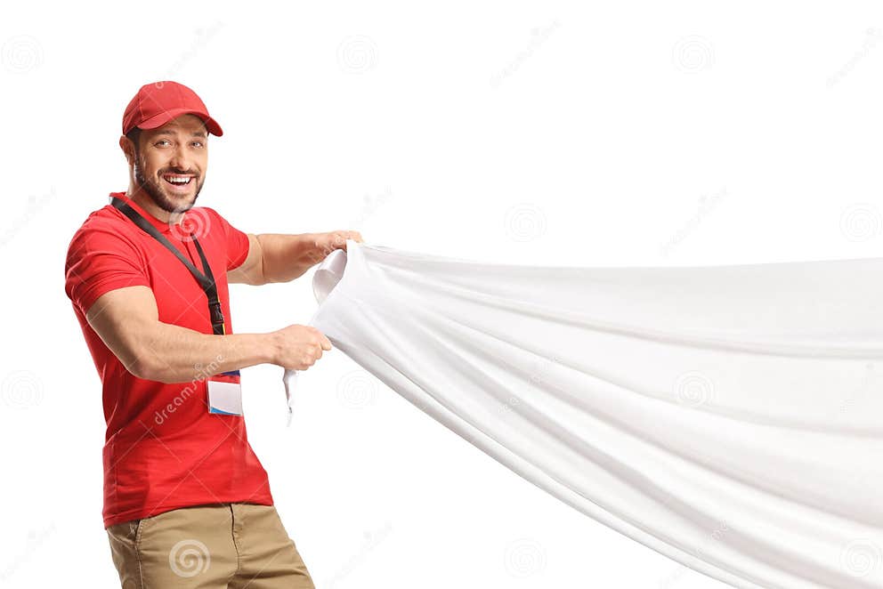 Salesman Pulling a Big White Cloth Stock Photo - Image of hold ...
